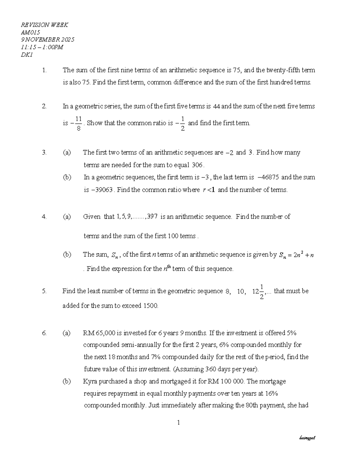 Revision Week AM015: Key Concepts in Sequences and Series - Studocu