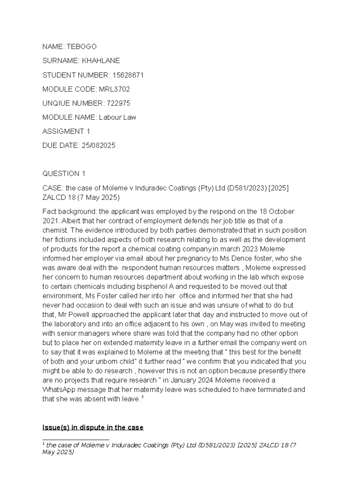 MRL3702 Assignment 1: Case Study on Moleme v Induradec Coatings - Studocu