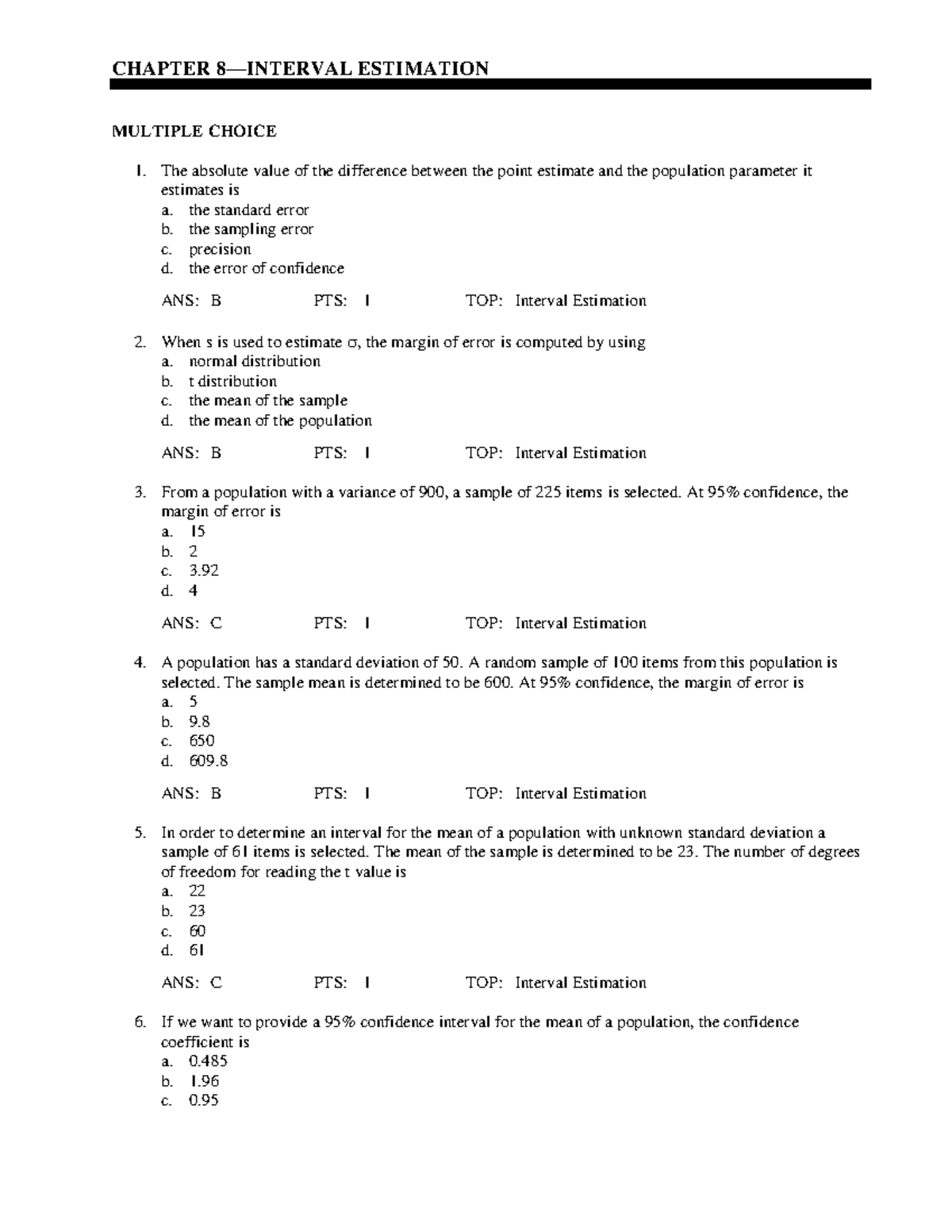 Chapter 8 Test Bank - Interval Estimation in Statistics and Probability ...