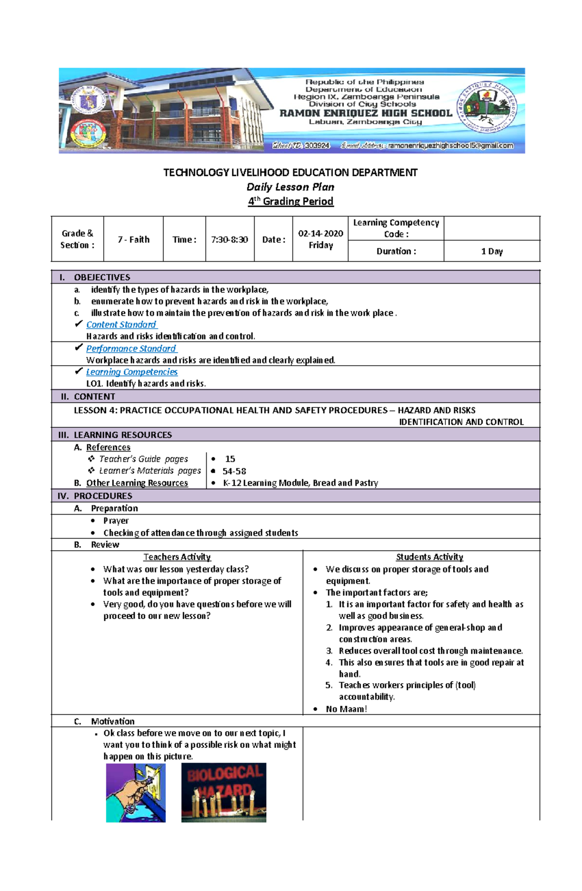 TLE 7 Daily Lesson Log: Hazards and Risk Management in the Workplace ...