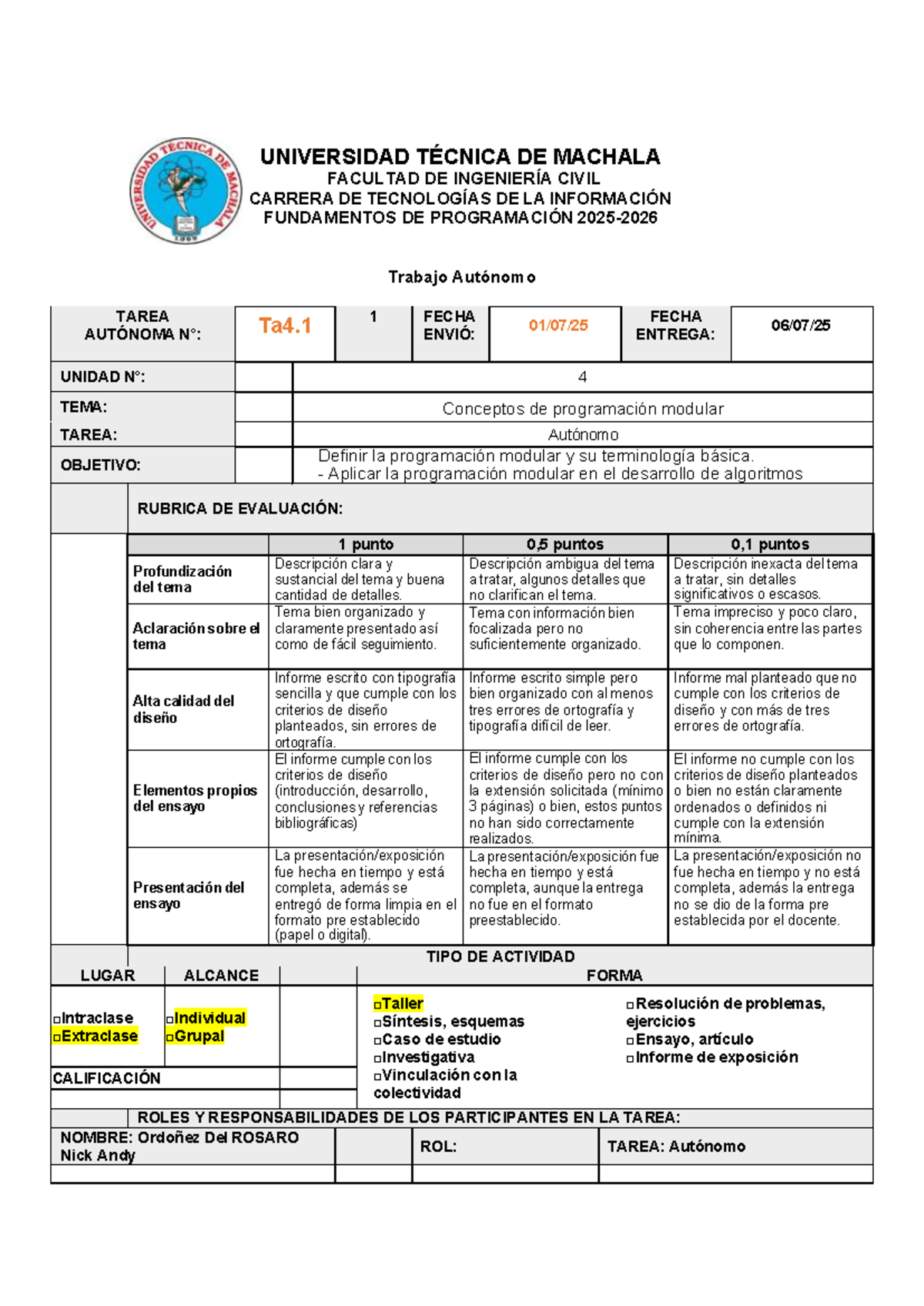 Fundamentos de Programación: Tarea Autónoma 1 - Conceptos de ...