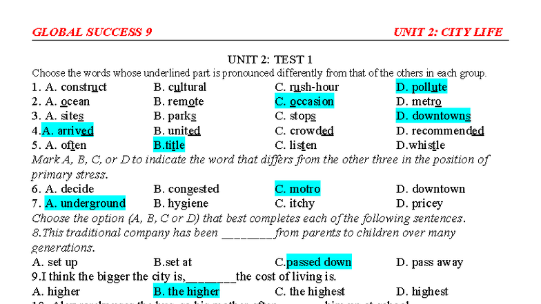 Bài Tập Bổ Trợ Global Success 9 UNIT 2: CITY LIFE - Practice Test Key ...