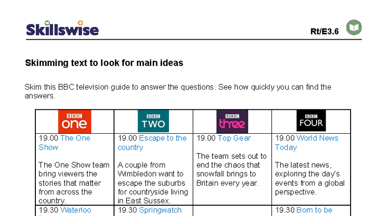 Skimming Exercise 1 - BBC TV Guide Main Ideas Practice - Studocu