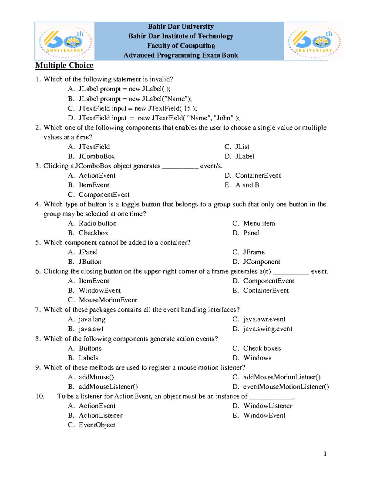 Advanced Programming Exam Bank - Bahir Dar University (COMP 101) - Studocu