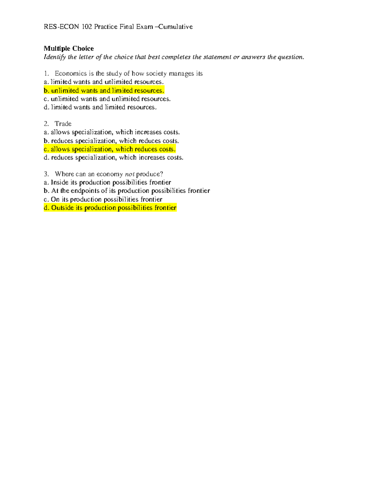 Practice Exam (Cumulative) - Key - Multiple Choice Identify the letter ...
