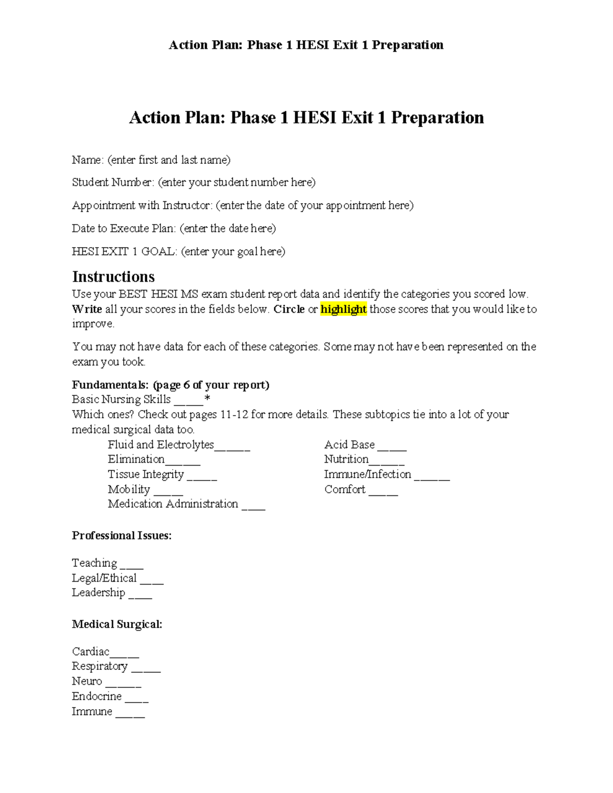 Action Plan: Phase 1 HESI Exit 1 Prep Worksheet - Studocu