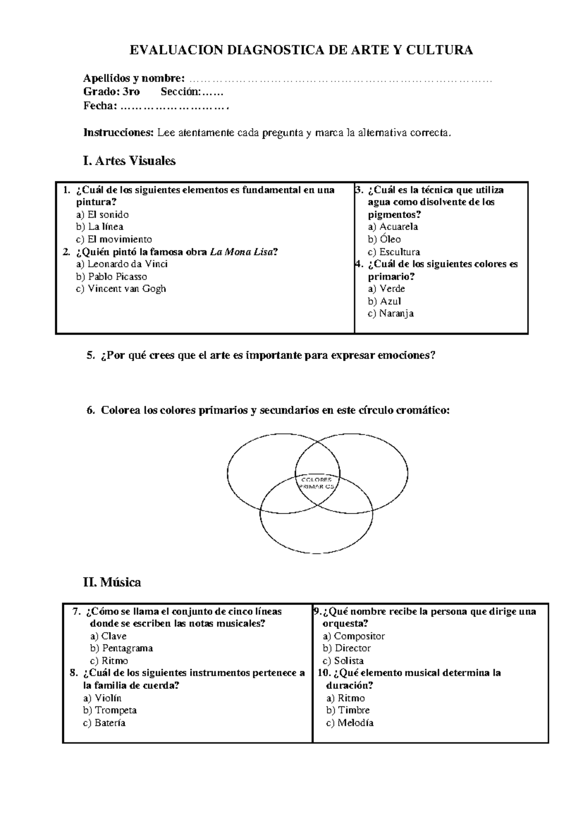 Evaluación Diagnóstica ARTE 26, Grado 3 - Artes Visuales, Música ...