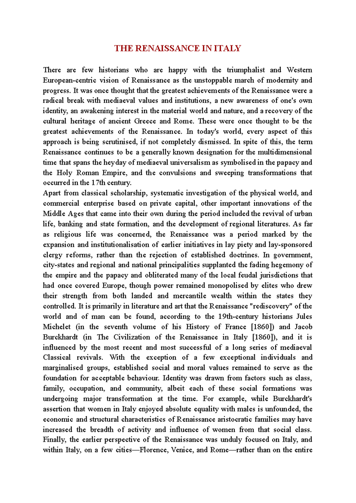 Italian Renaissance - Lecture Notes on Urban Growth and Politics - Studocu
