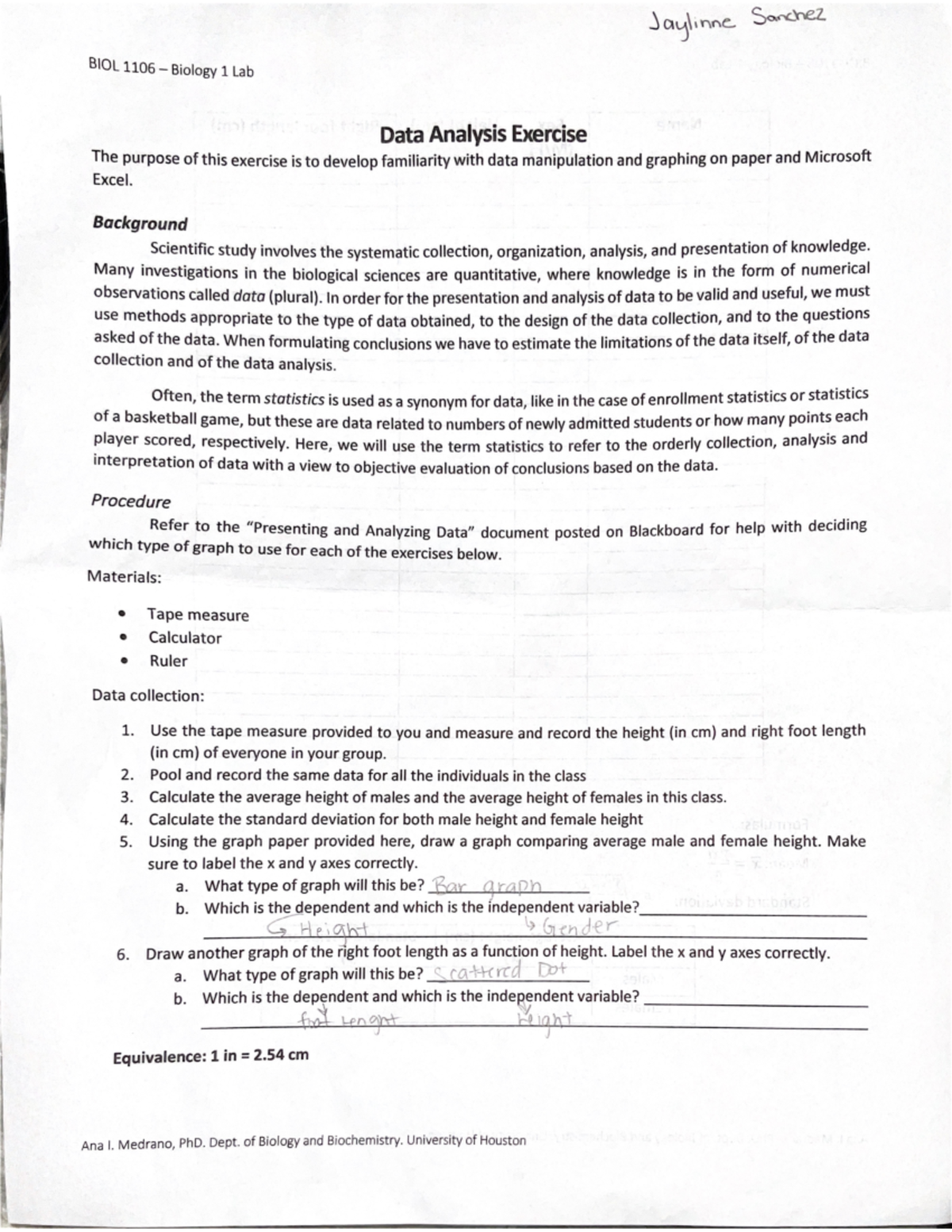 BIOL 1106 - Data Analysis Lab Exercise and Graphing Techniques - Studocu