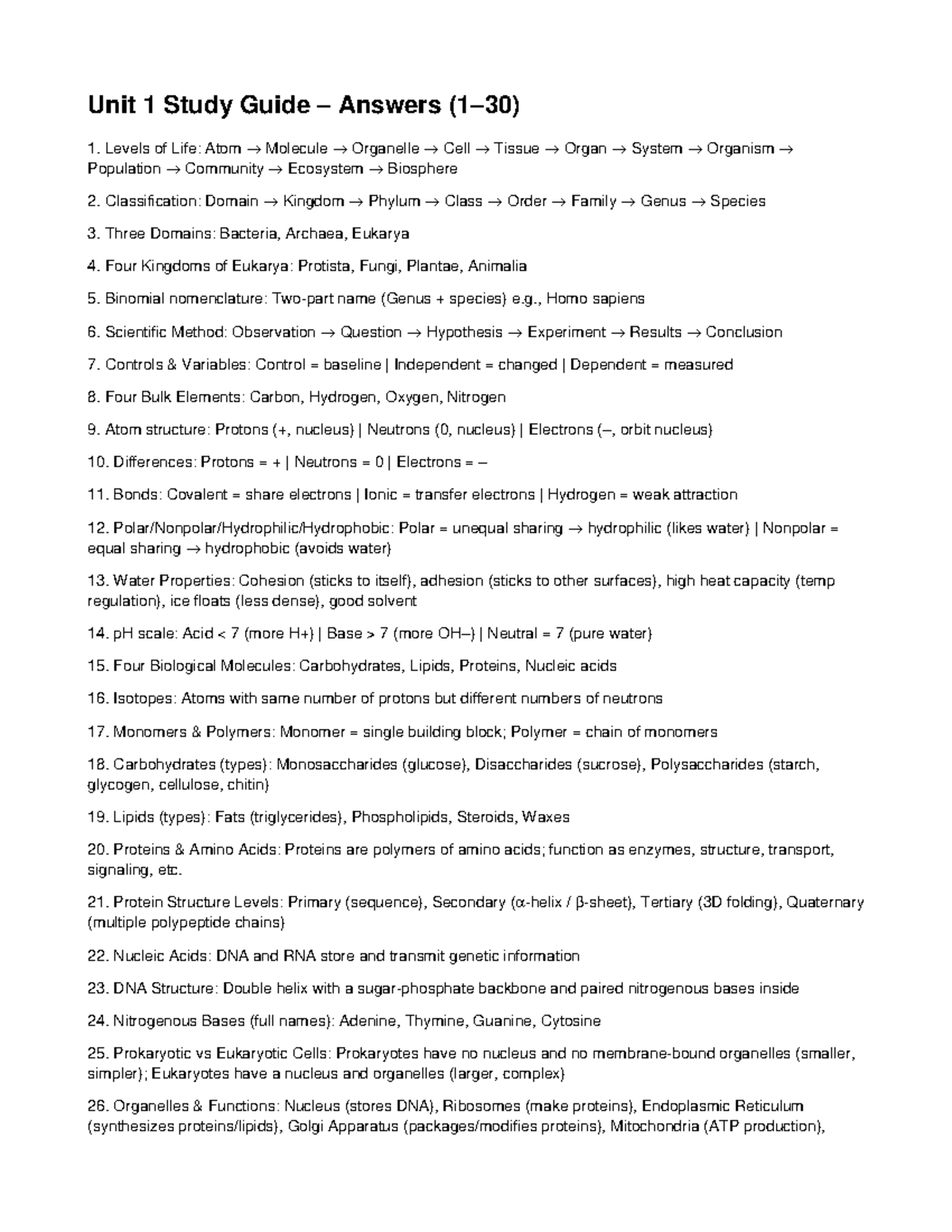 Unit 1 Study Guide: Biological Molecules & Life Processes - Studocu