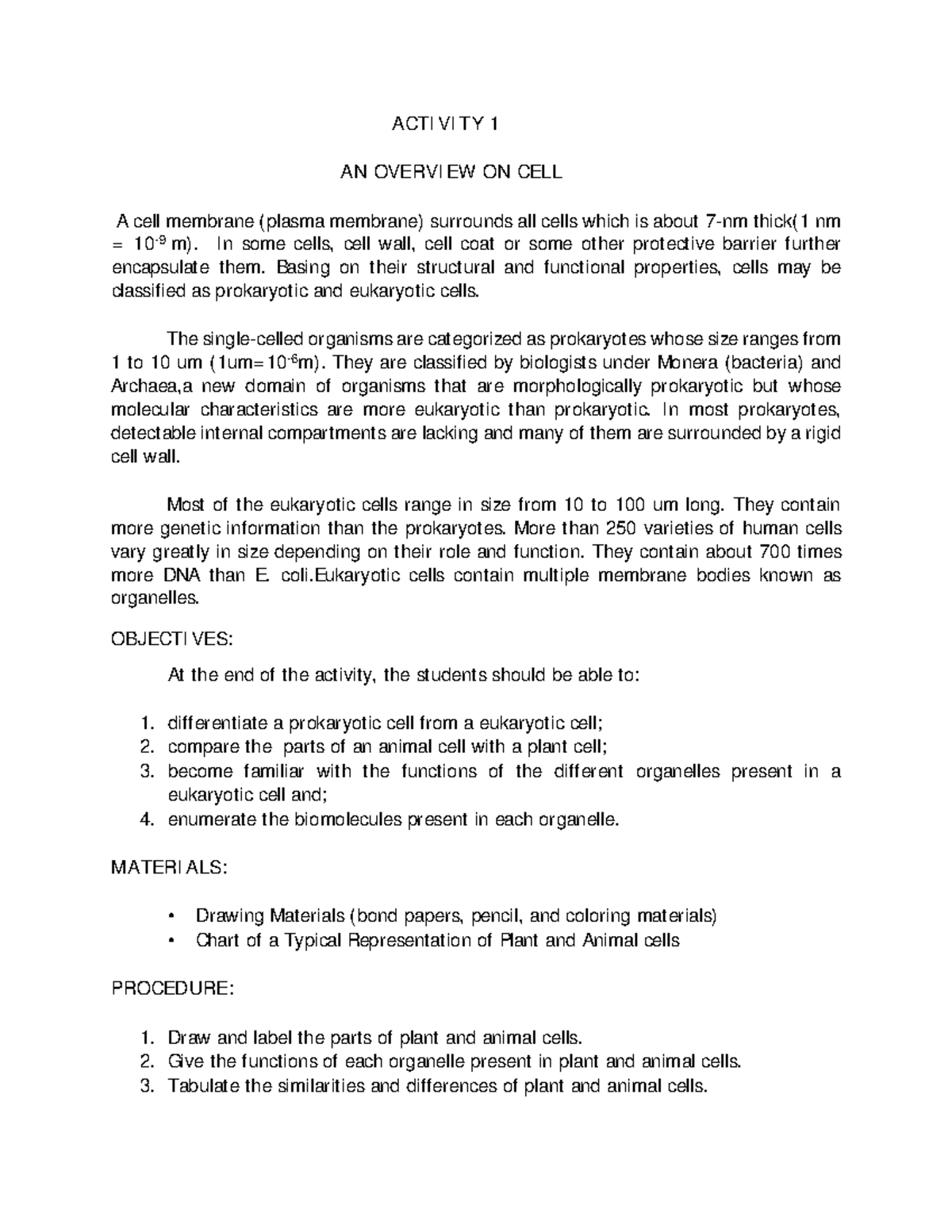 Biochemistry lab exp - ACTIVITY 1 AN OVERVIEW ON CELL A cell membrane ...