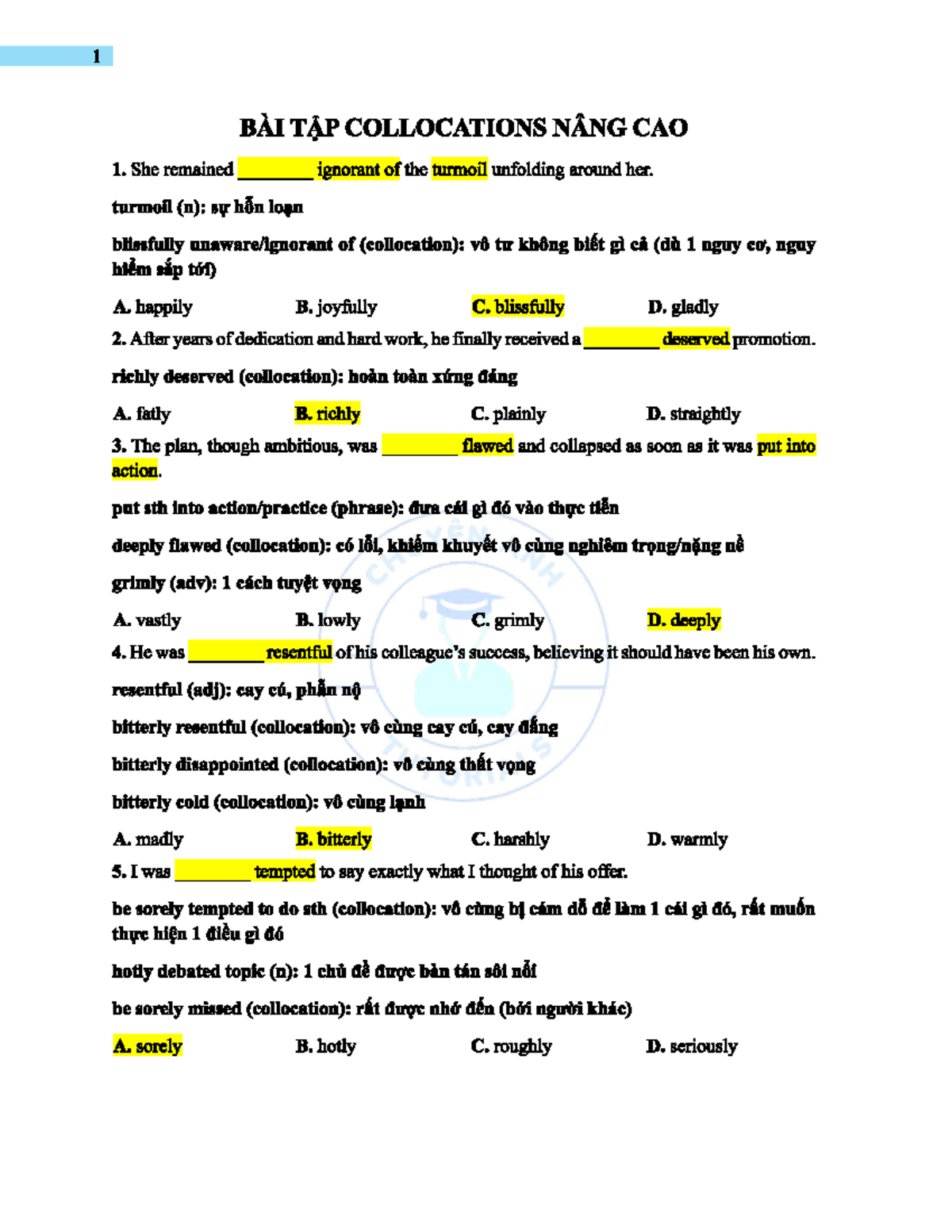 BÀI TẬP Collocations NÂNG CAO: Exercises and Examples - Studocu