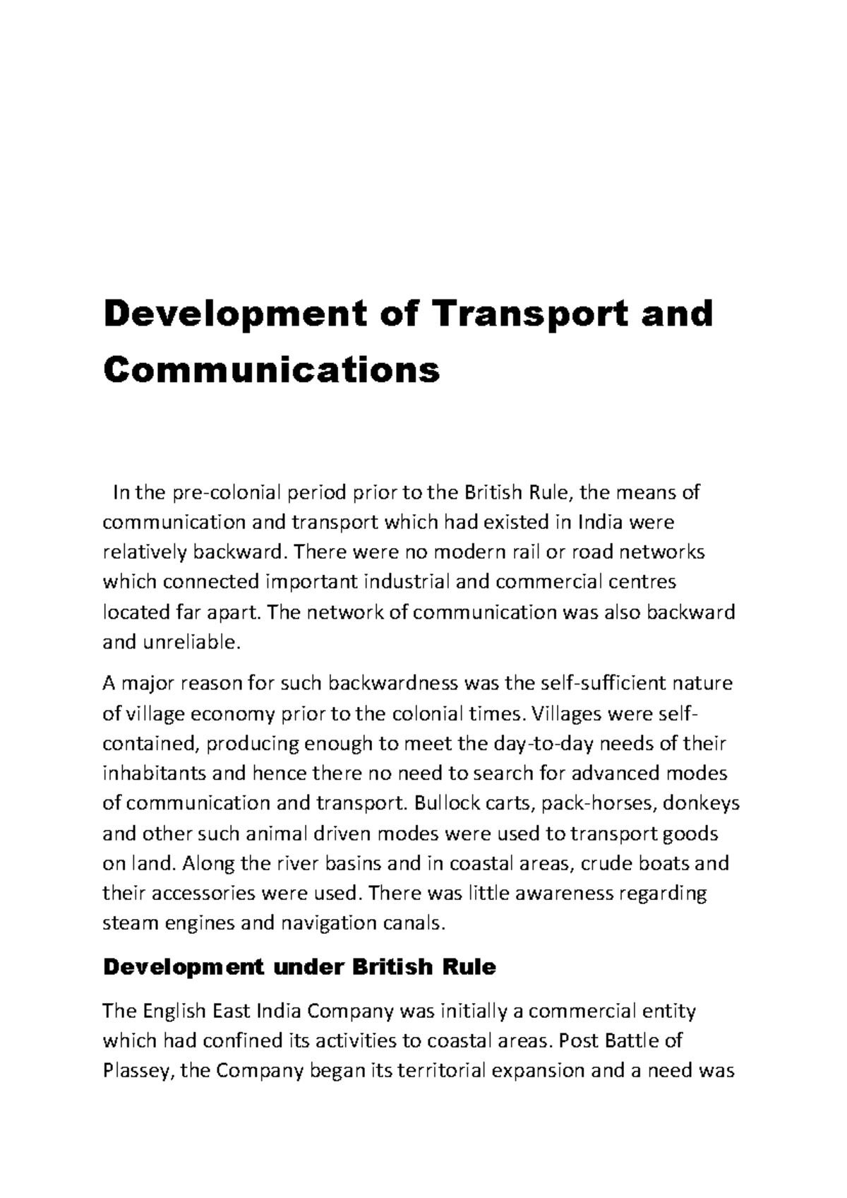 Transport and Communication Development in Pre-Colonial and Colonial ...
