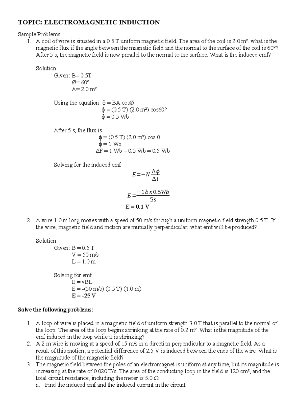 GEN-PHYS - Electromagnetic Induction Sample Problems and Solutions ...