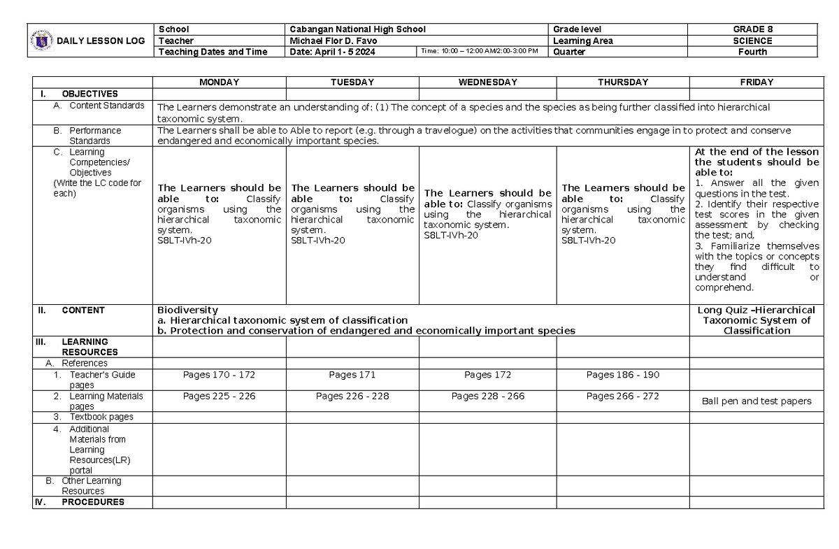 DLL Q4 S8 W2 - Daily Lesson Plan on Taxonomic Classification and ...