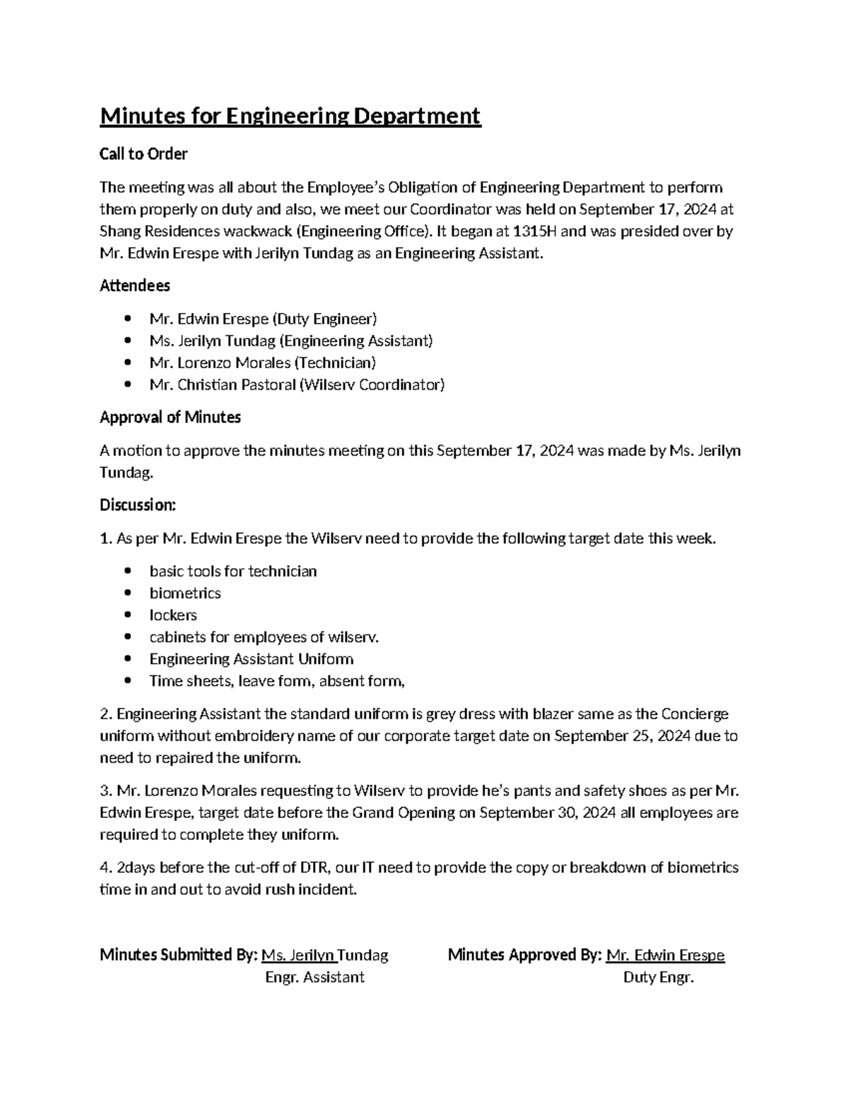 Engineering Dept Meeting Minutes - September 17, 2024 - Studocu