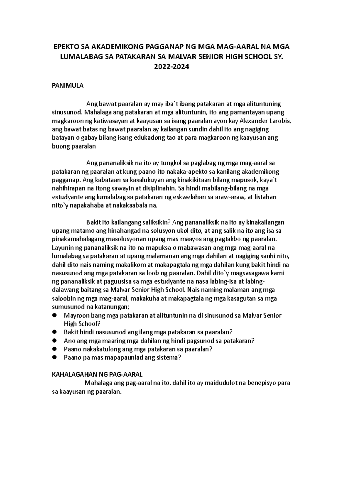 PAGBASA AT PAGSULAT - EPEKTO SA AKADEMIKONG PAGGANAP NG MGA MAG-AARAL NA MGA LUMALABAG SA ...