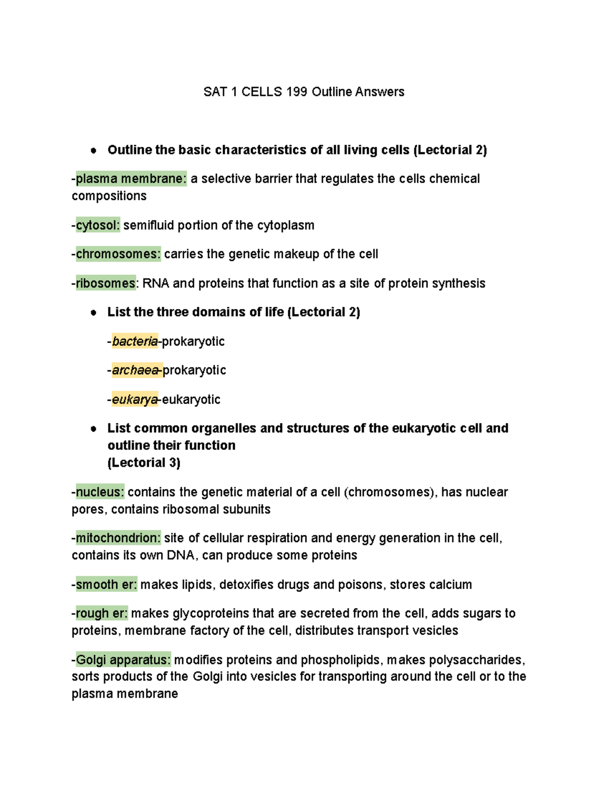 CELS 199 First Short Quiz Outline: Key Cell Concepts & Structures - Studocu