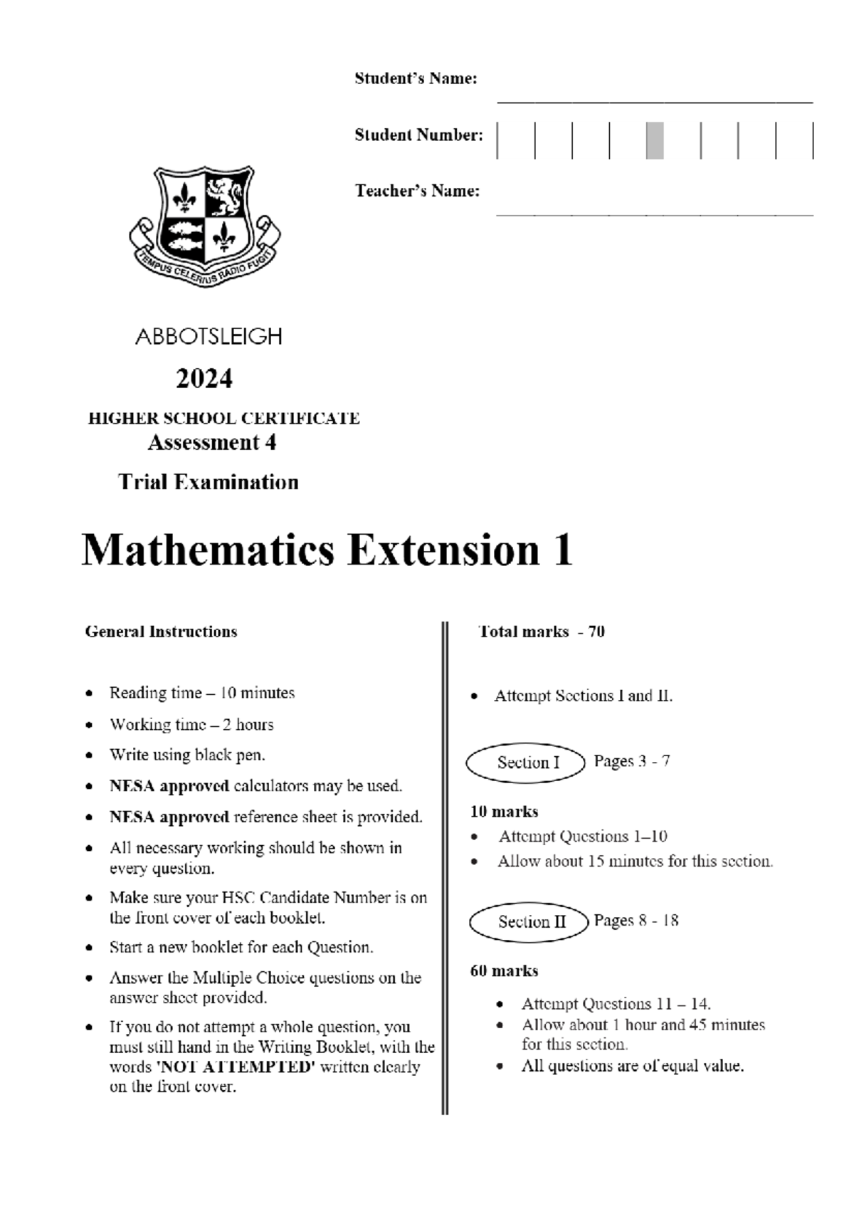 3U Mathematics Extension 1 - 2024 Trial Exam Past Paper - Studocu
