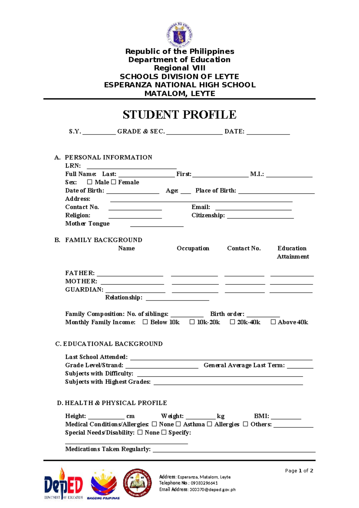 Student Profile S.Y. 2023-2024 - Esperanza National High School - Studocu