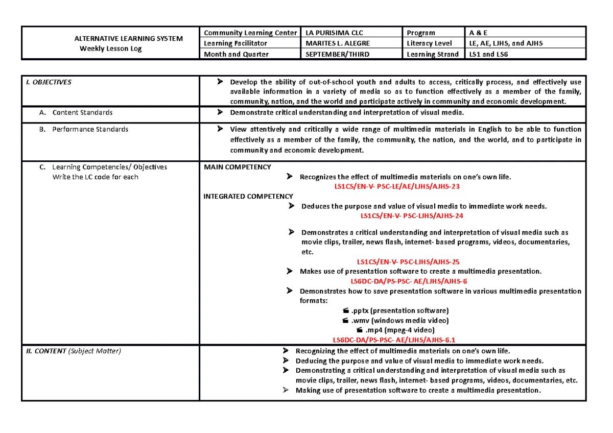 ALS Assessment Form 1: Individual Learning Agreement (ILA) Guide - Studocu