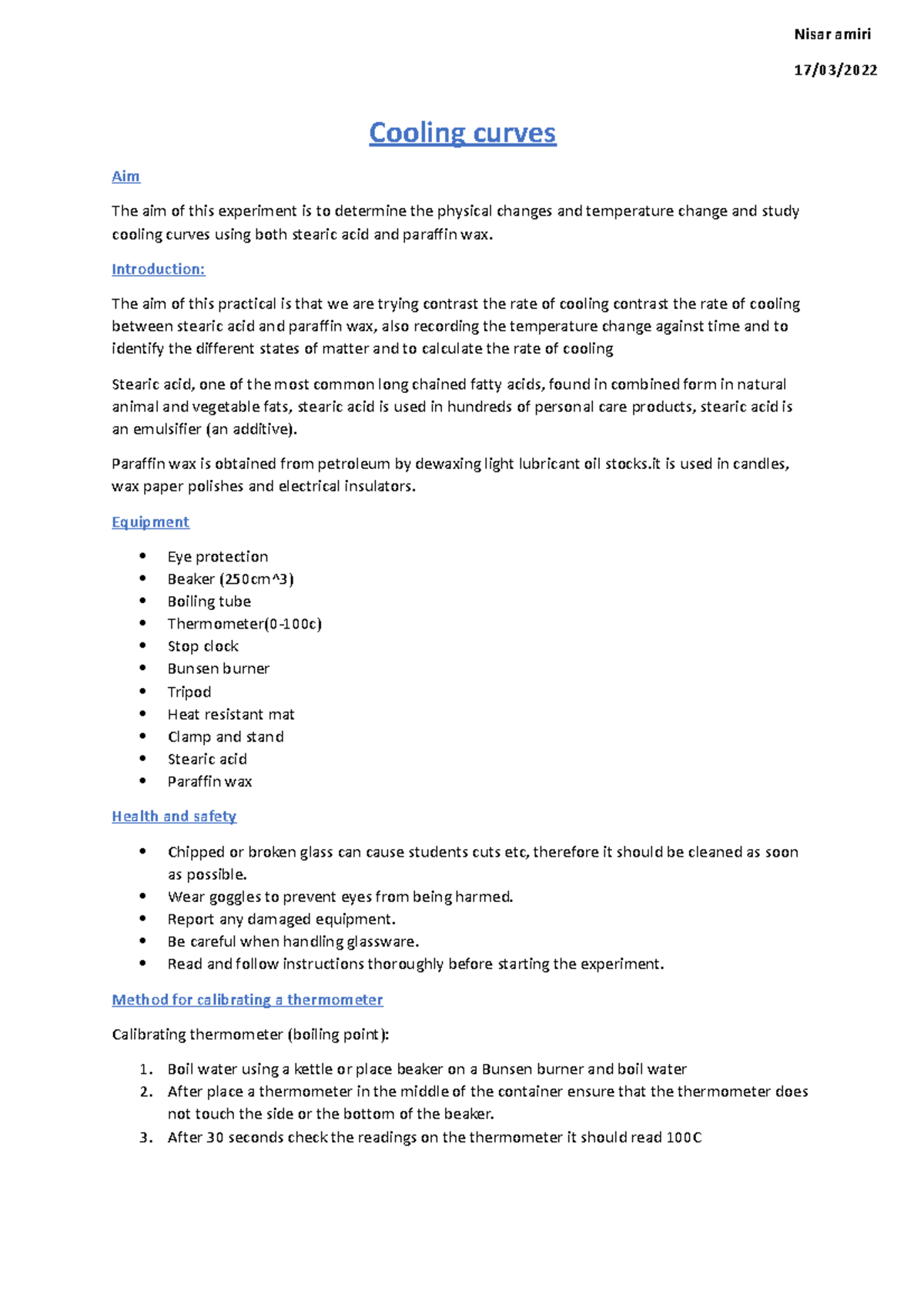 Cooling Curves of Stearic Acid and Paraffin Wax - Lab Report CHEM101 ...