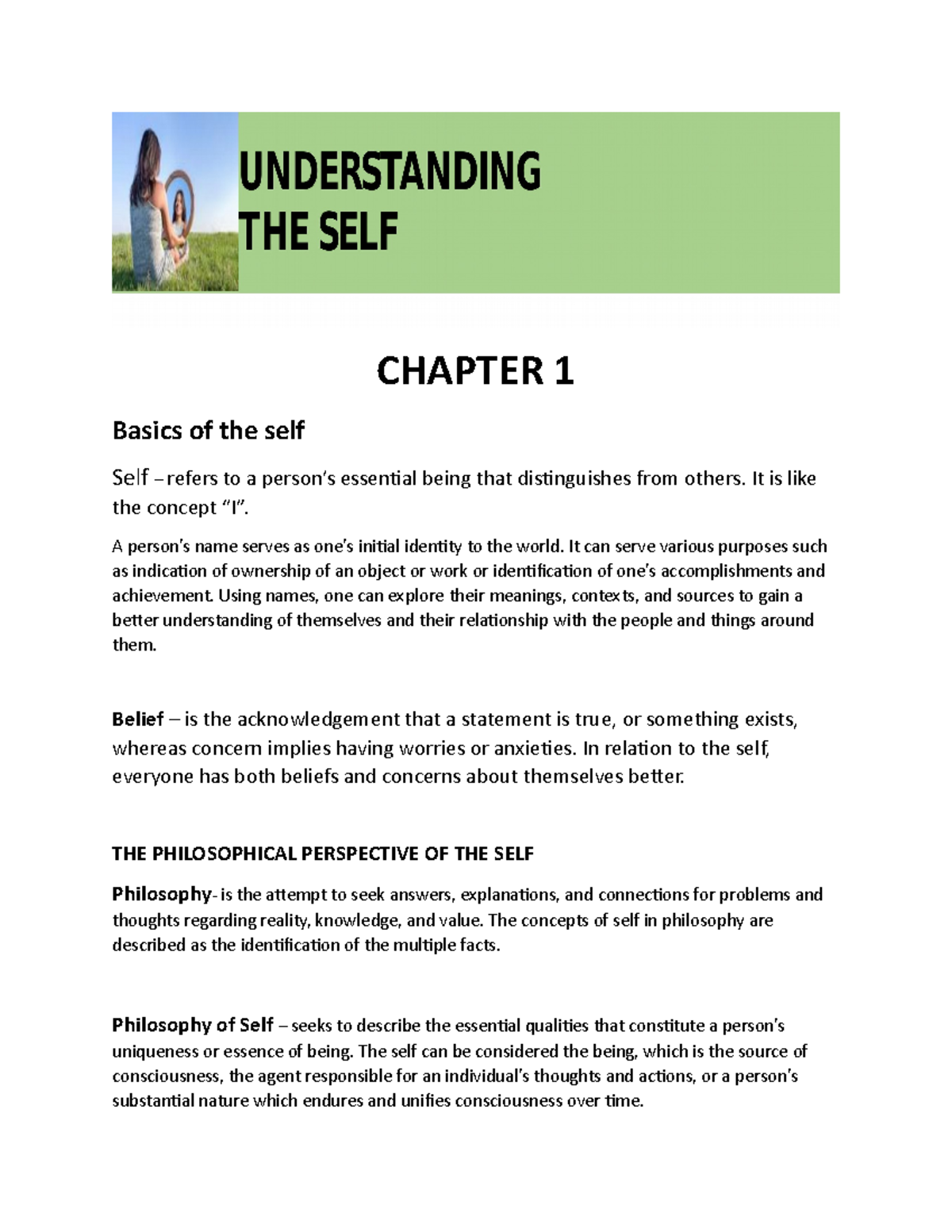 Basics of the self lecture - CHAPTER 1 Basics of the self Self – refers ...