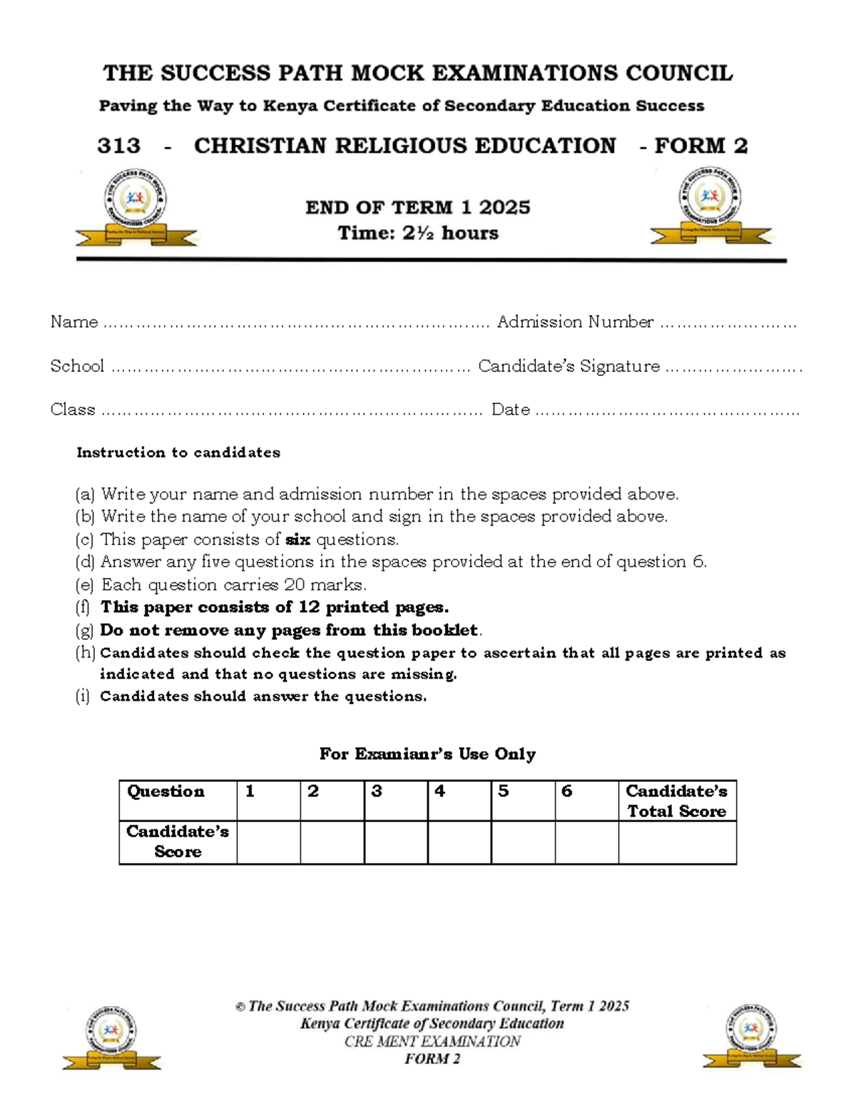 CRE FORM 2 - Admission instructions and exam guidelines - Studocu
