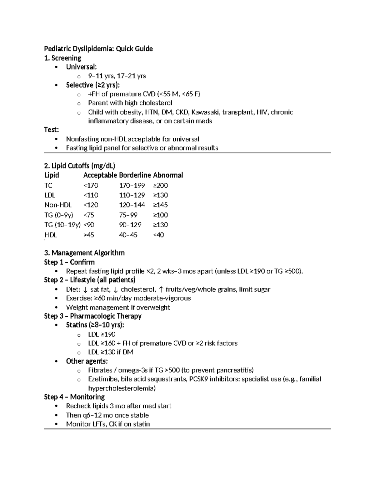 Pediatric Dyslipidemia: Quick Guide for Screening & Management - Studocu