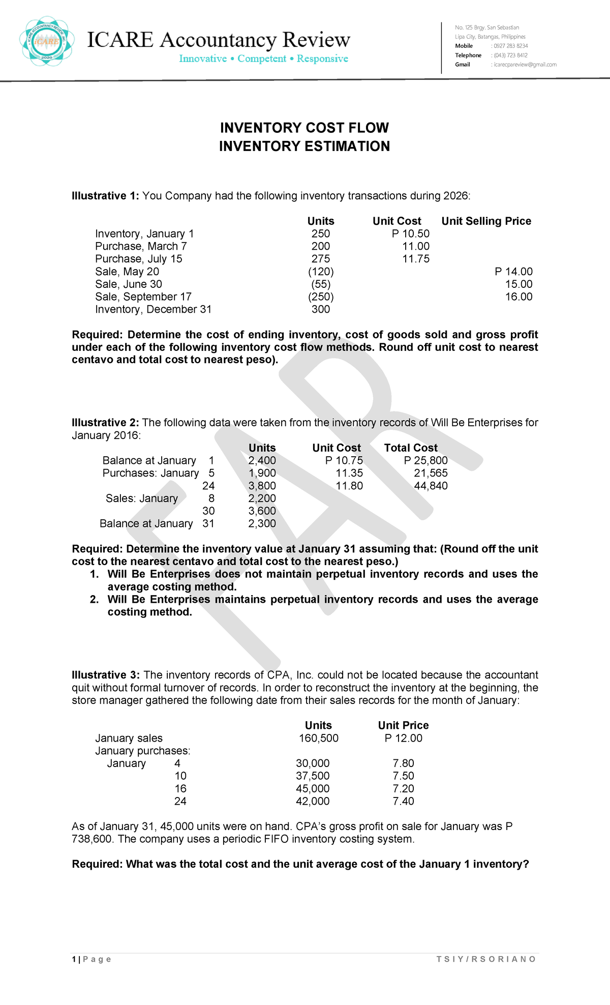 FAR03-14 Final Exam on Inventory Cost Flows & Estimation Techniques ...