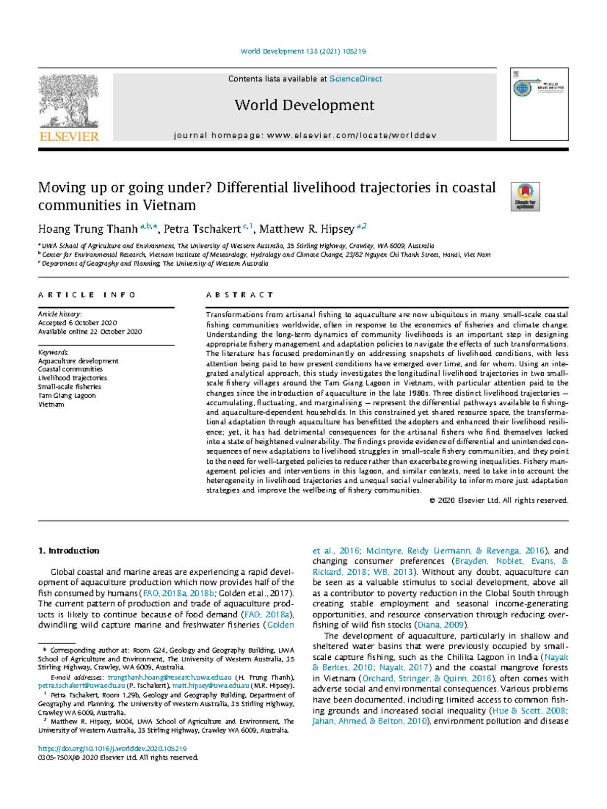 Moving Up or Going Under? Livelihood Trajectories in Coastal Vietnam ...
