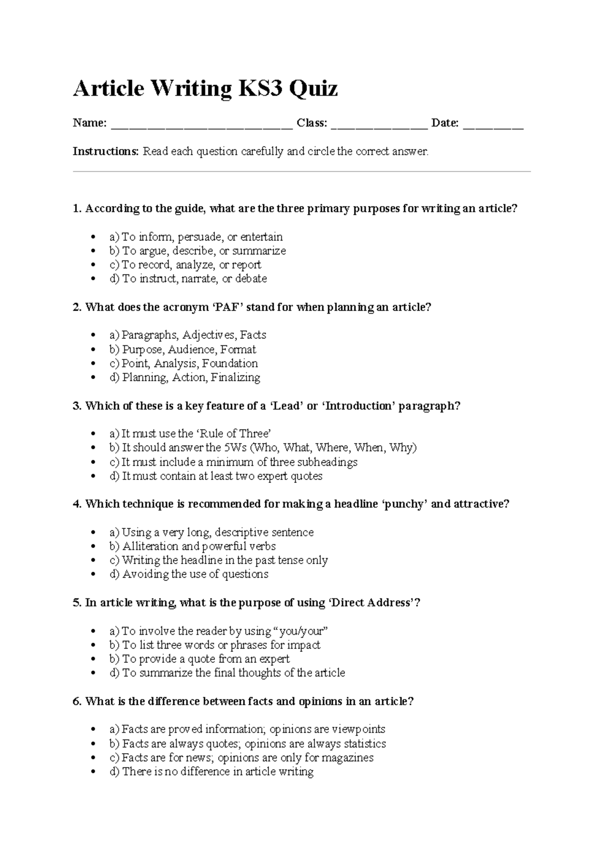 Article Writing KS3 Quiz: Key Concepts and Techniques - Studocu