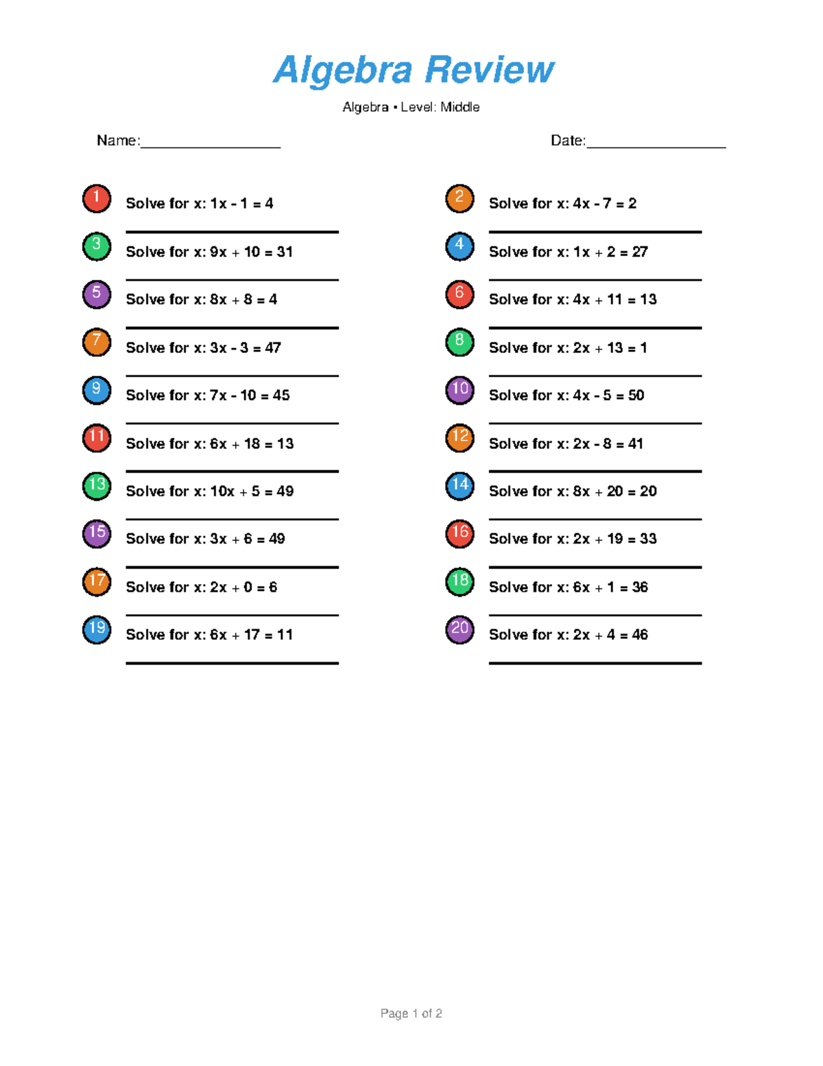 Algebra Review: Middle Level 1 Problem Set - Studocu