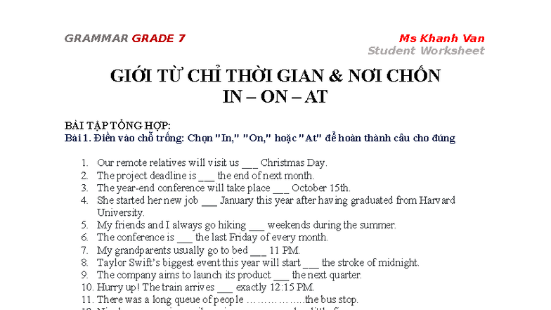 GRAMMAR GRADE 7: Prepositions of Time and Place Worksheet - Studocu