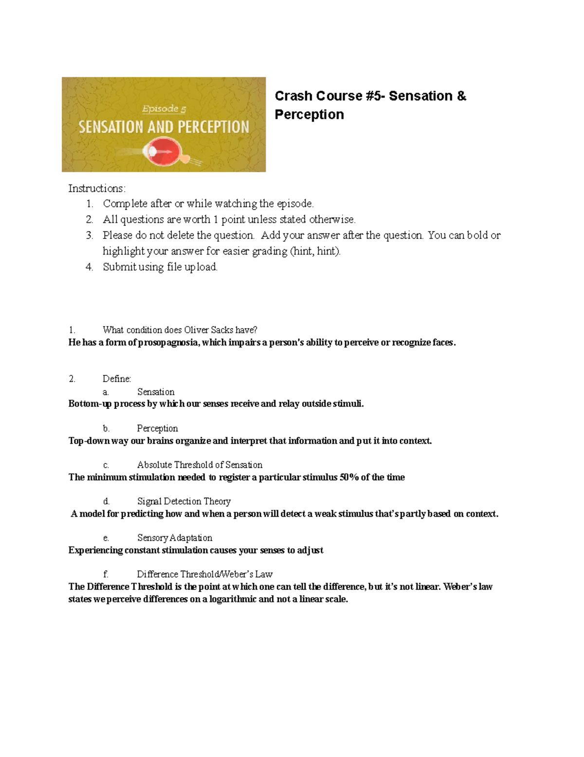 Psychology Crash Course PSY 101: Sensation & Perception Notes - Studocu