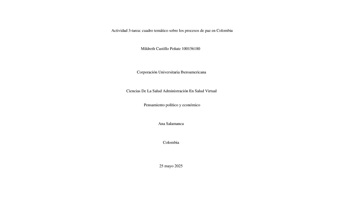 Cuadro Temático sobre Procesos de Paz en Colombia - 100156180 - Studocu