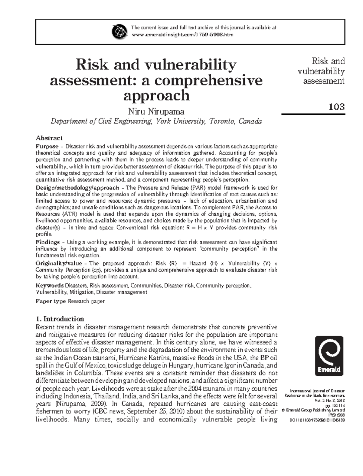 Risk and Vulnerability Assessment: A Comprehensive Approach (CIV 103 ...