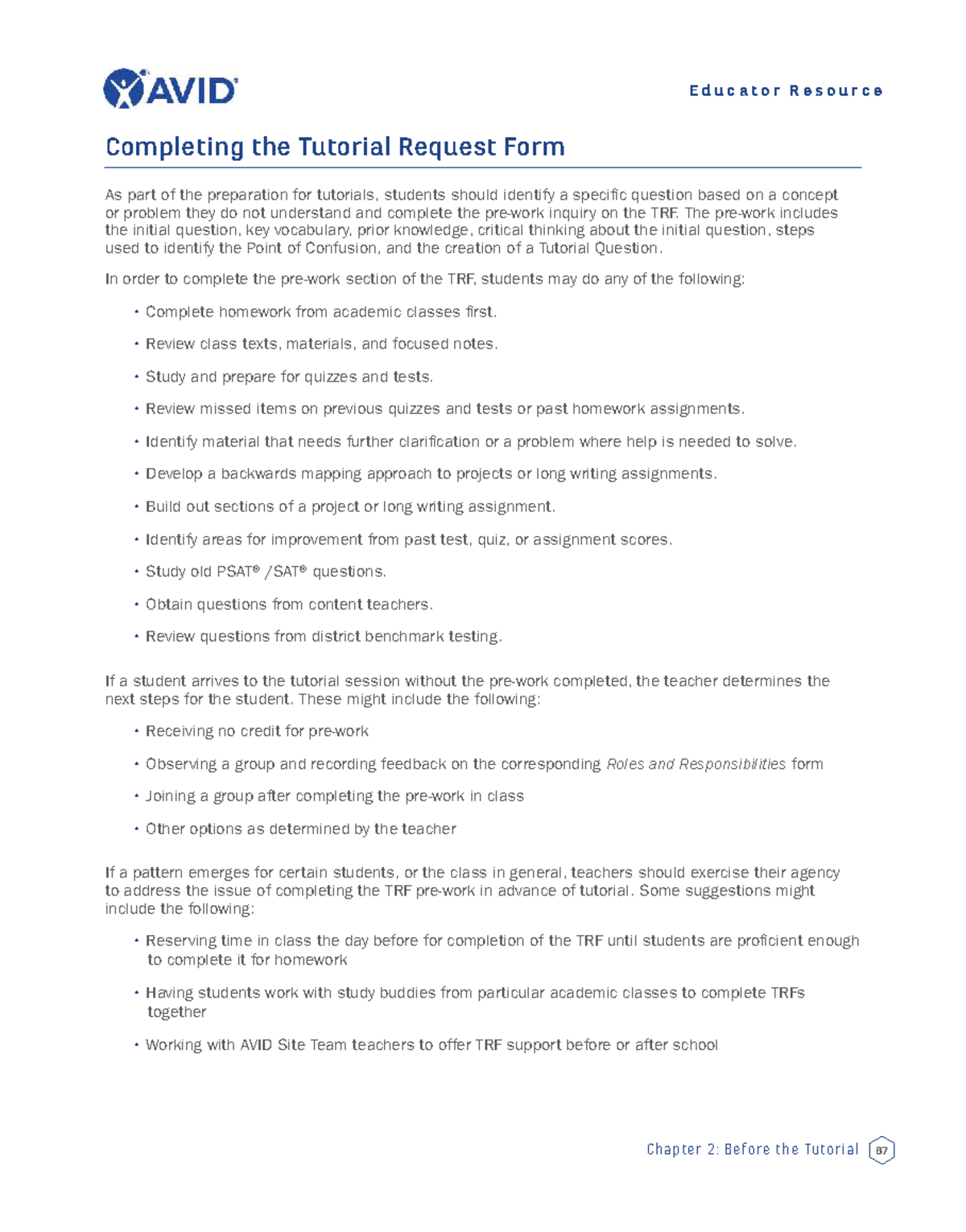 AVID TRF Completion Guide: Preparing for Tutorials - Studocu