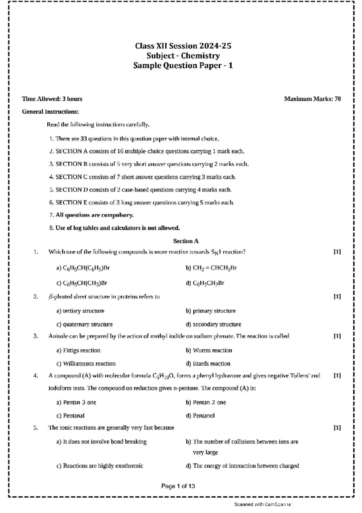 Chemistry Class XII Sample Question Paper 1 - 2025 - Studocu