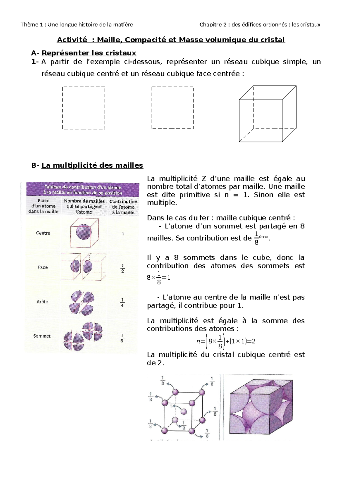 Activité 2 : Maille, Compacité et Masse Volumique des Cristaux - Studocu