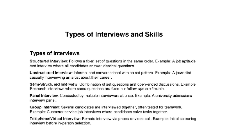Types of Interviews and Essential Skills for Success - Studocu