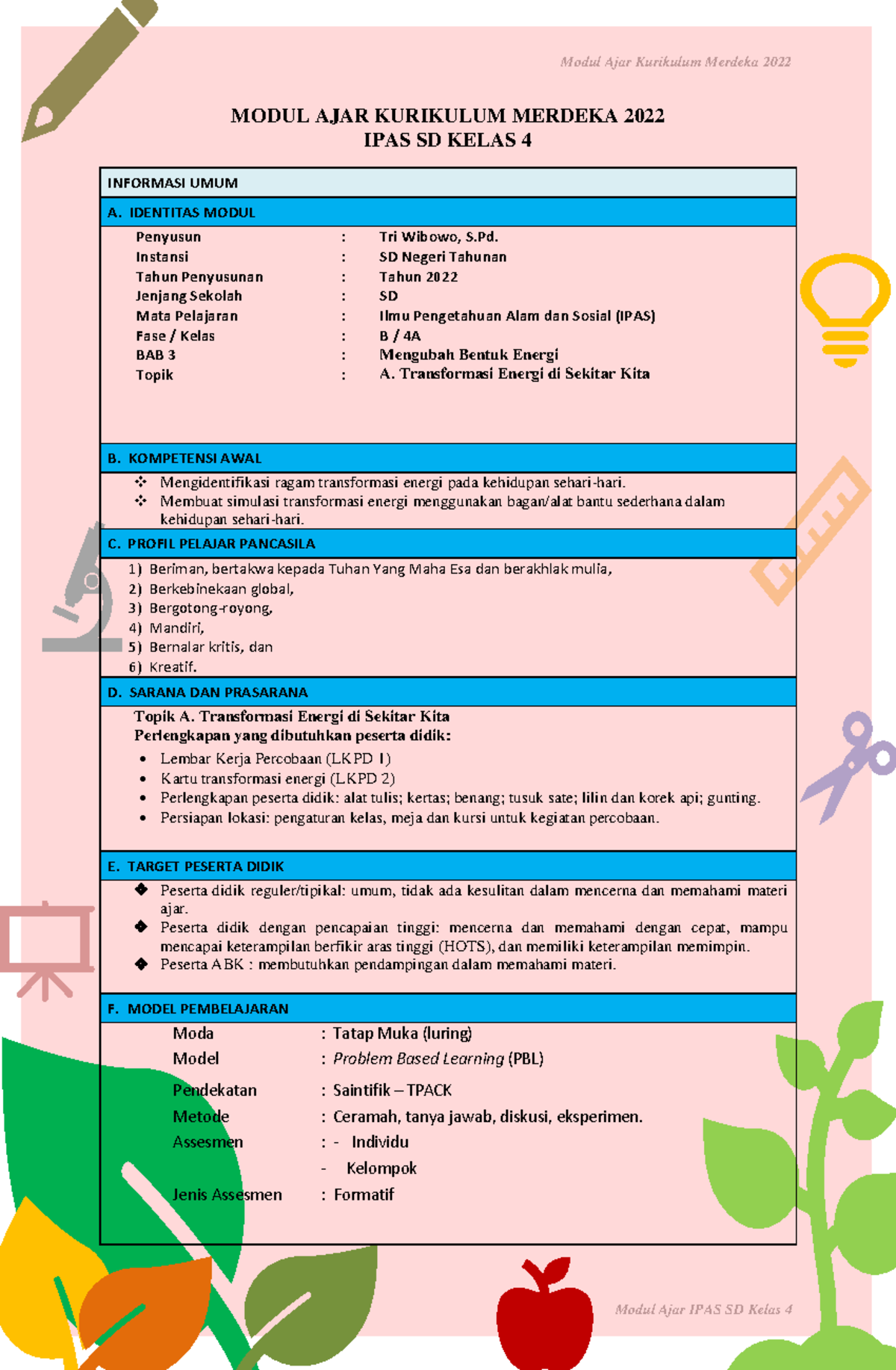 Modul Ajar IPAS SD Kelas 4 - Bab 4: Transformasi Energi - Studocu