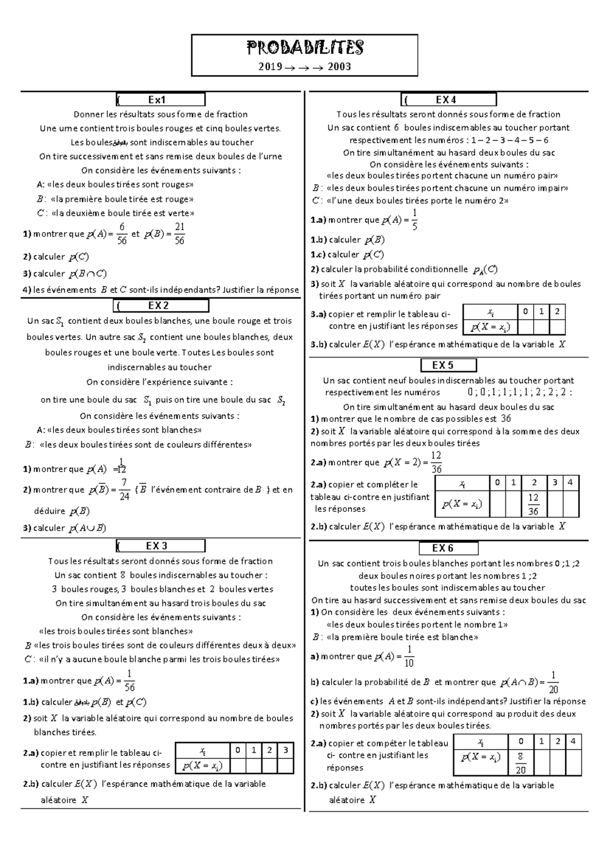 Proba bac eco 1 2 - PROBABILITES 2019 o o o 2003 ) Ex Donner les ...
