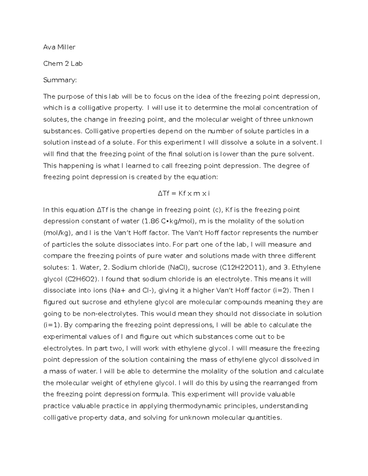 Chem 2 Lab 2-4: Freezing Point Depression Experiment Summary - Studocu