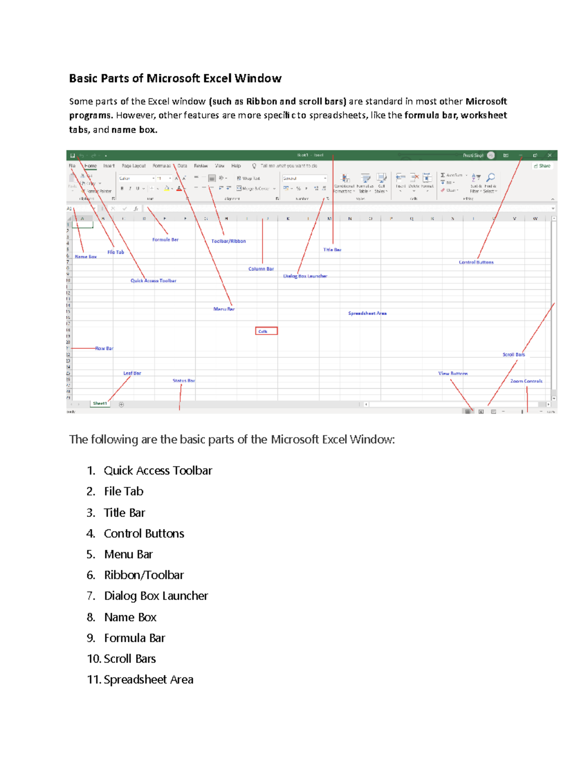 Basic Parts of Microsoft Excel Window - However, other features are more specific to ...