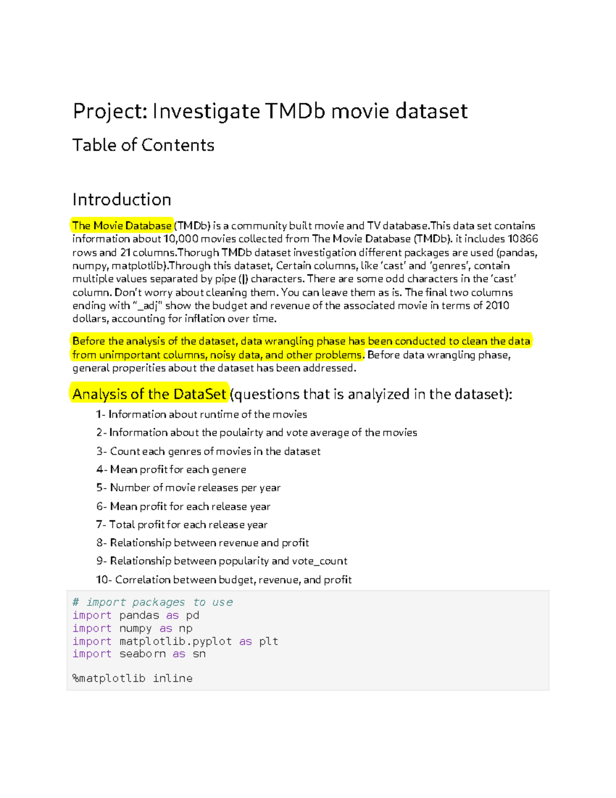 تقرير المشروع ( مثال علي المشروع) - Project: Investigate TMDb movie ...