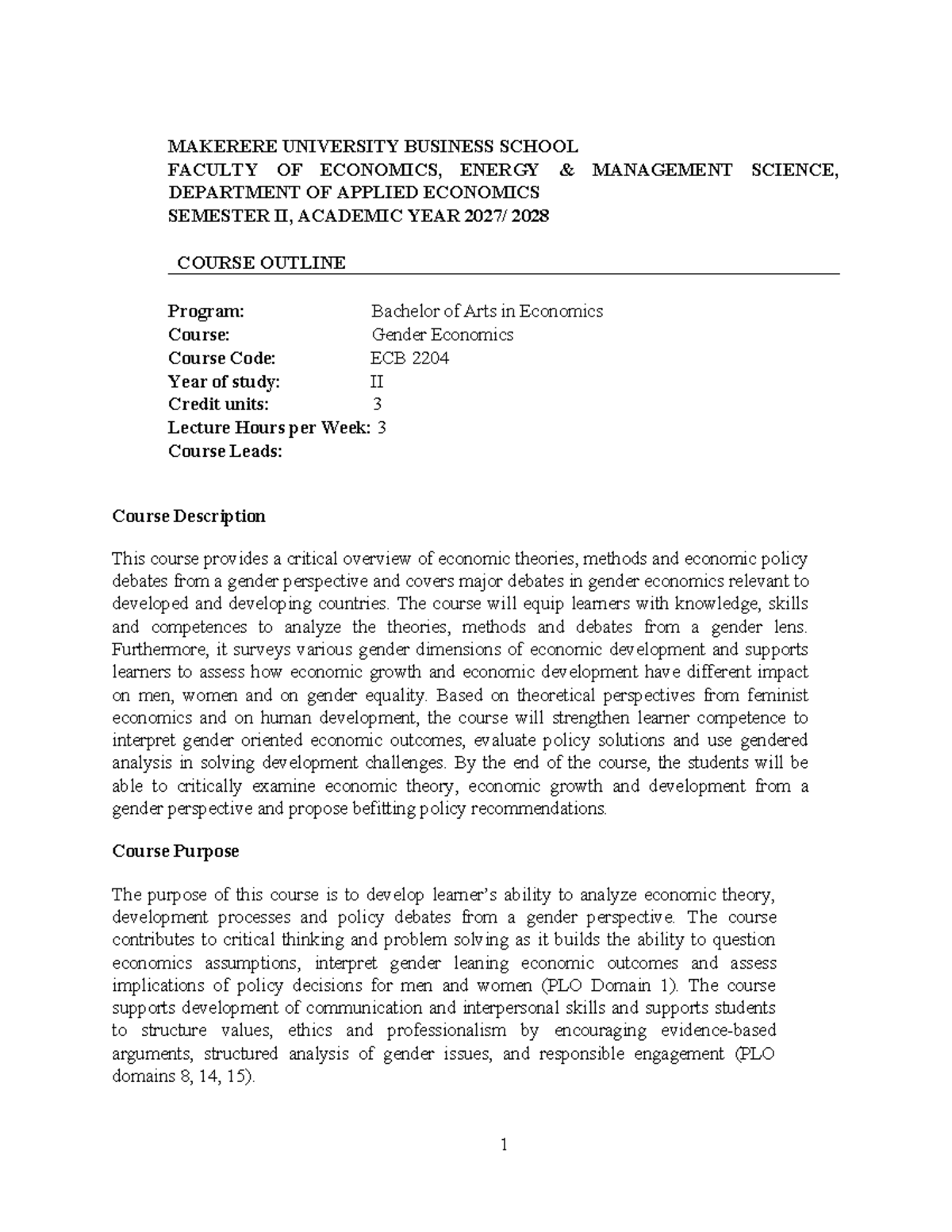 Gender Economics Course Outline - ECB 2204 - Studocu