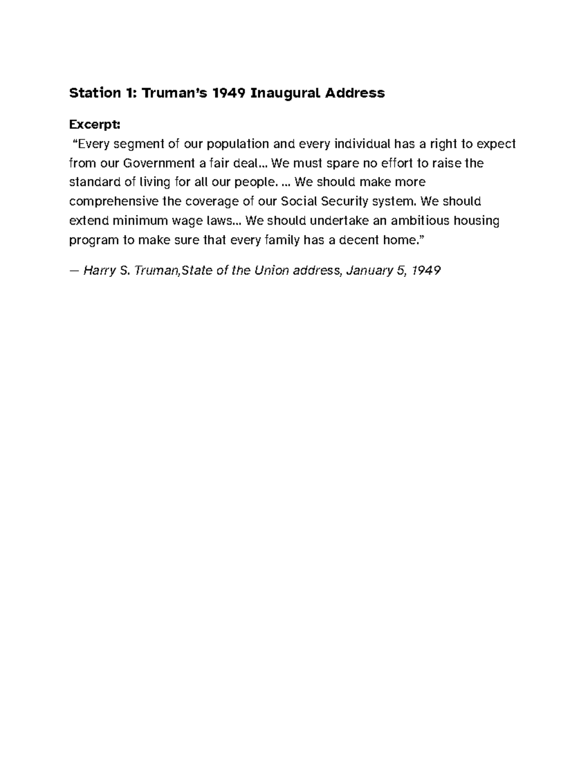 Truman's Fair Deal: Analyzing the 1949 Inaugural Address and Its Impact ...