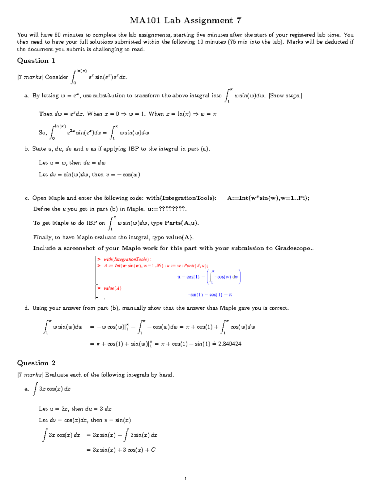 MA101 Lab 7 Solutions: Integrals & Applications Explained - Studocu