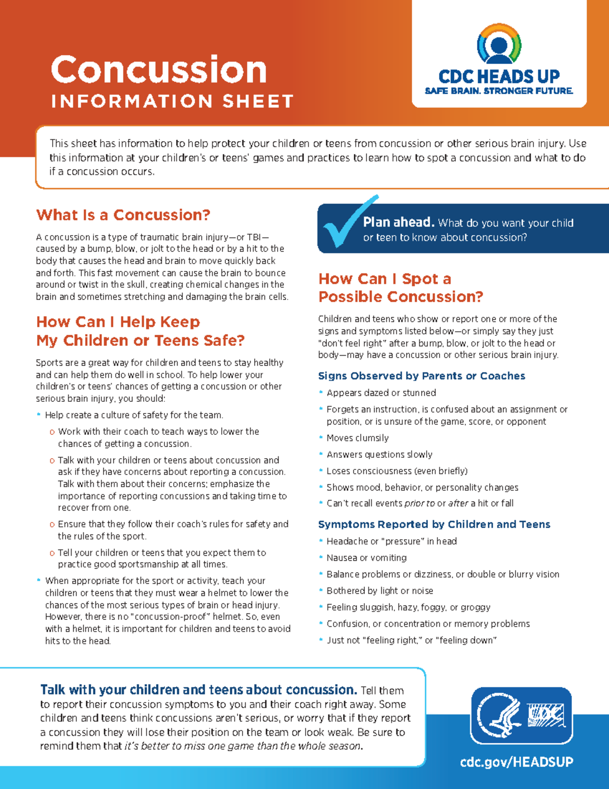 Concussion Safety Info Sheet for Parents and Coaches - Studocu